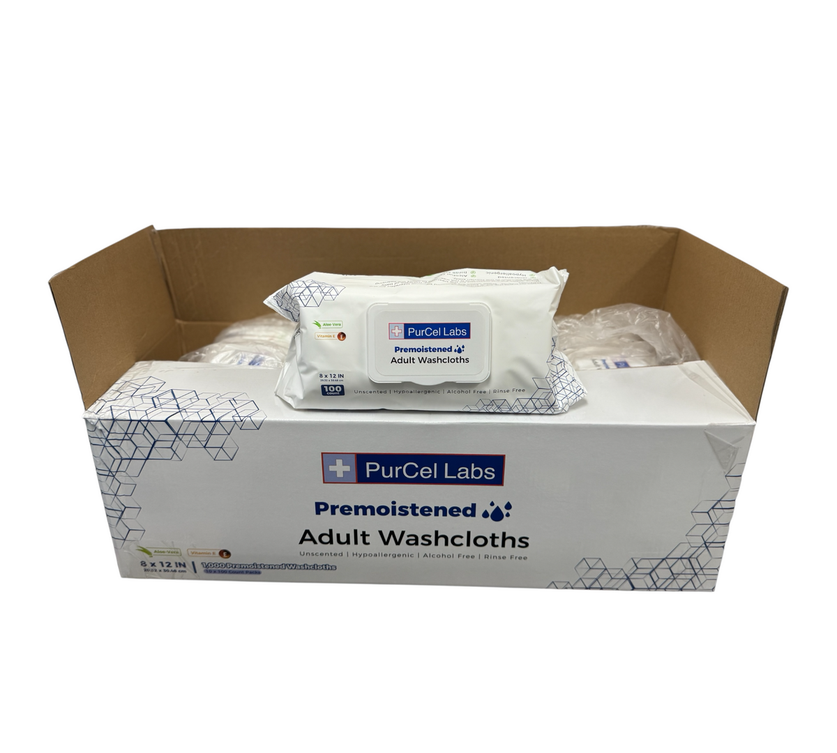 PurCel Labs Premoistened Adult Washcloths 8" x 12", Unscented, Hypoall ...